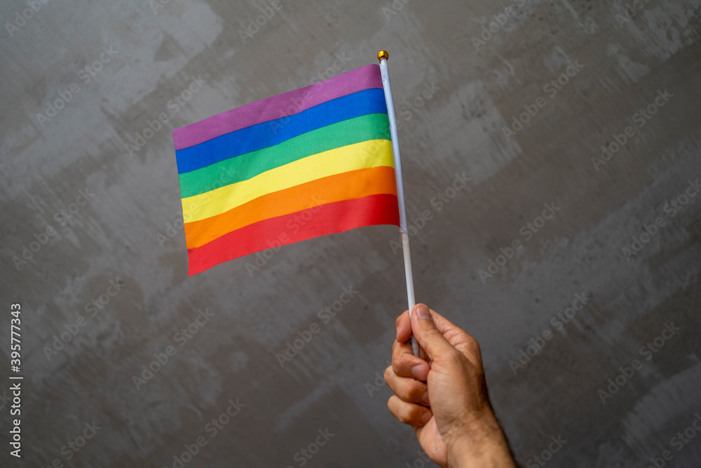 Person hand holding and waving an LGBT pride flag. Multicolored peace ...