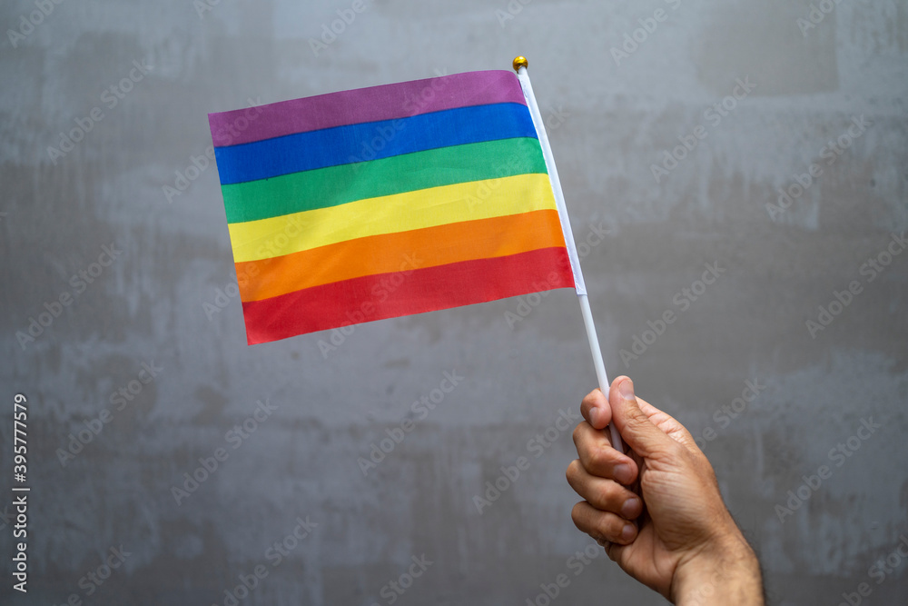 Person hand holding and waving an LGBT pride flag. Multicolored peace ...