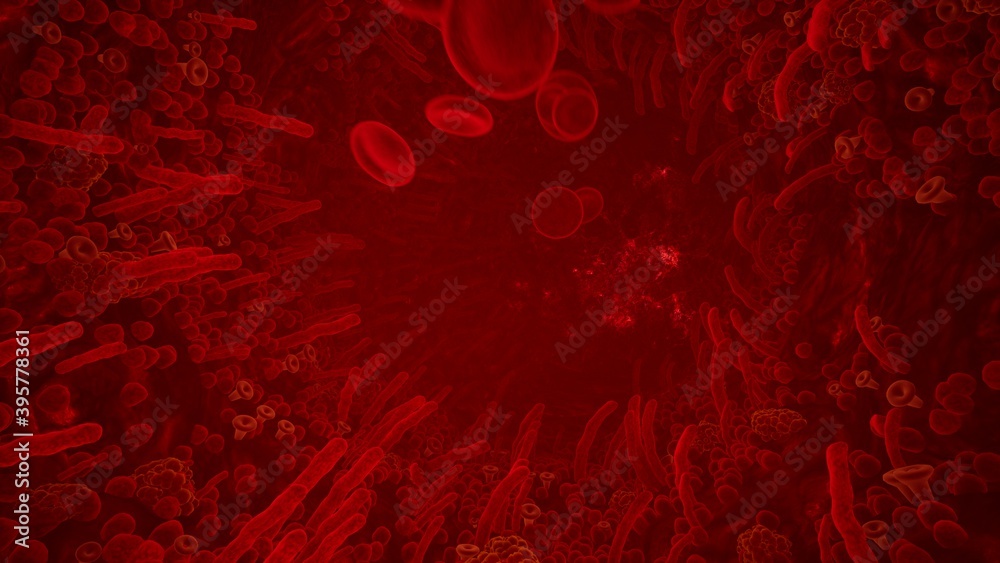 Red blood cells in artery of human body. Flying through a blood vessel ...