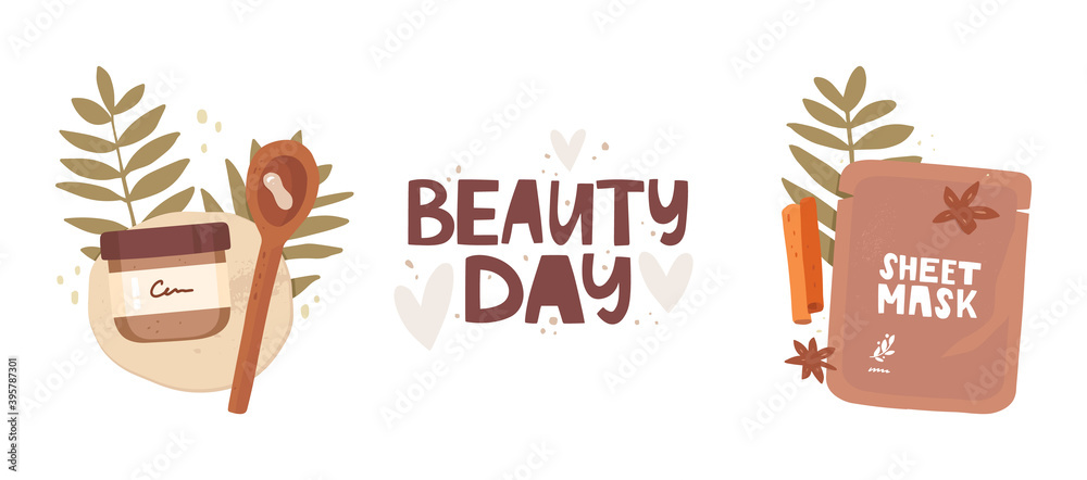 Handwritten lettering beauty day. Hearts and abstract dots. Drawn ...