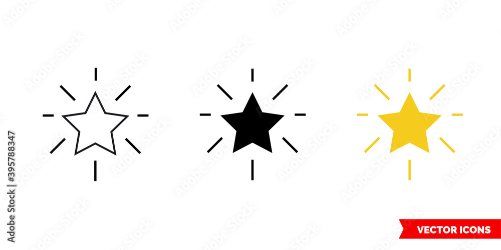Star shine icon of 3 types color, black and white, outline. Isolated ...