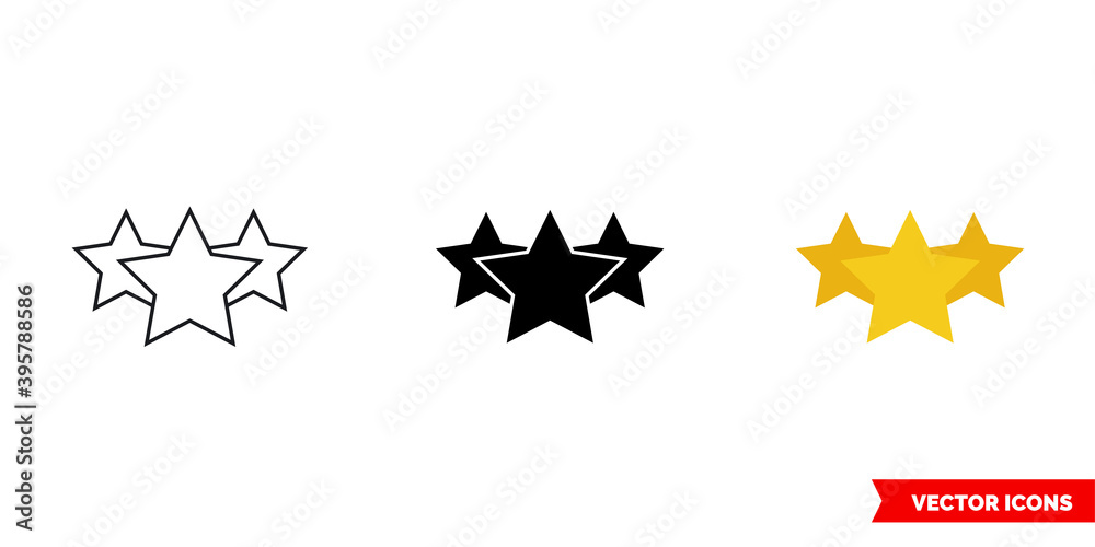 Three stars icon of 3 types color, black and white, outline. Isolated ...