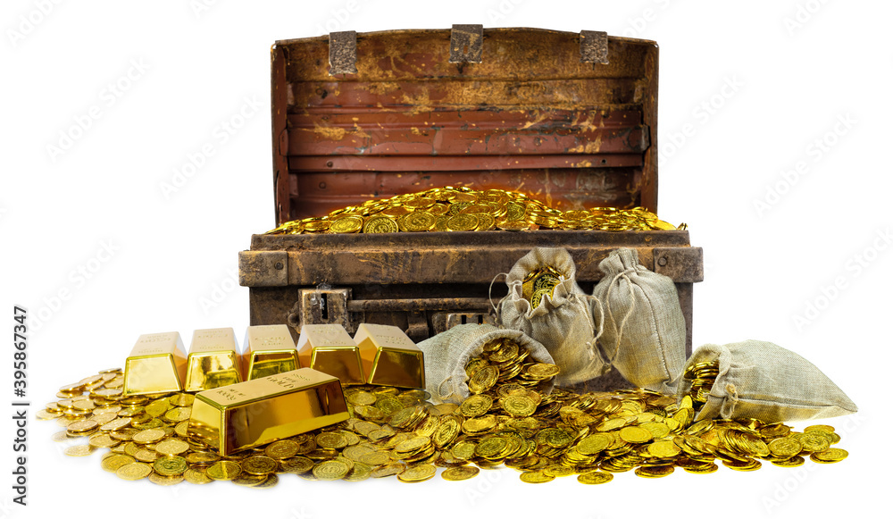 A lot of stacking gold coins in treasure stack and gold bar 1kg on ...