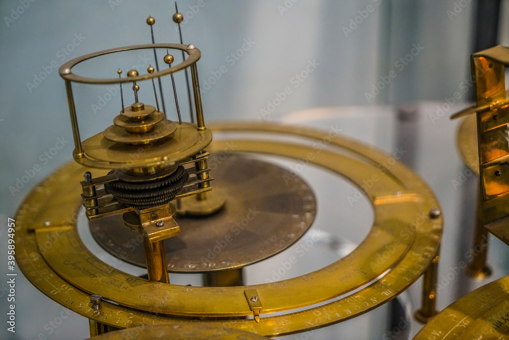 old, vintage model of the solar system Isolated on white background ...