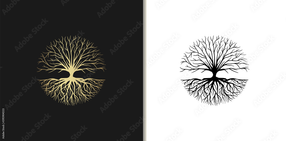 Root or tree, tree of life vector symbol with a circle shape. Beautiful ...