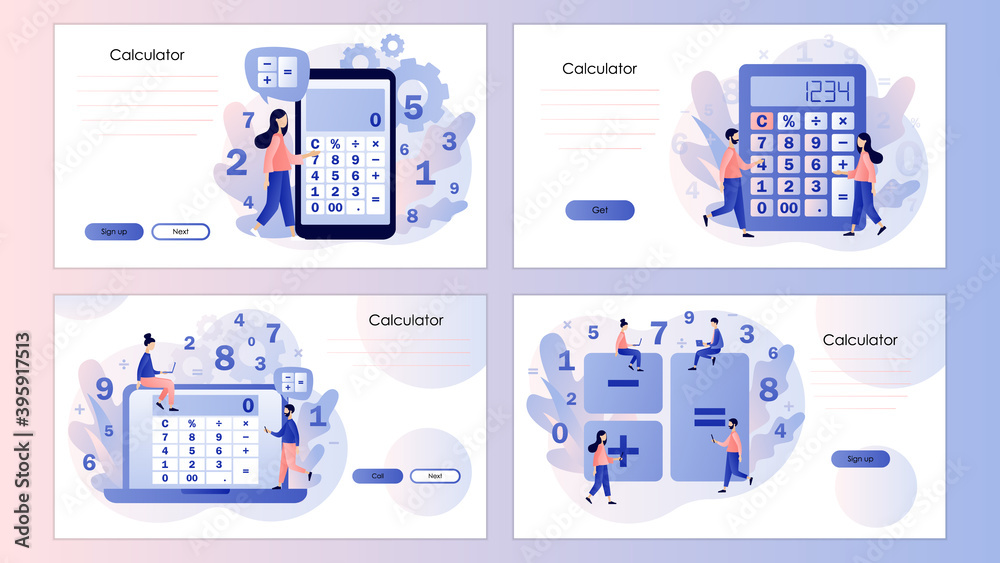 Calculator app. Tiny people with calculating. Screen template for ...