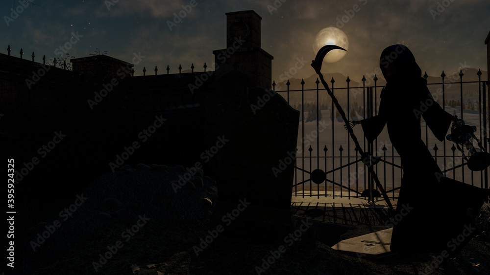 A graveyard and death skeleton in the hood standing on it with a scythe ...