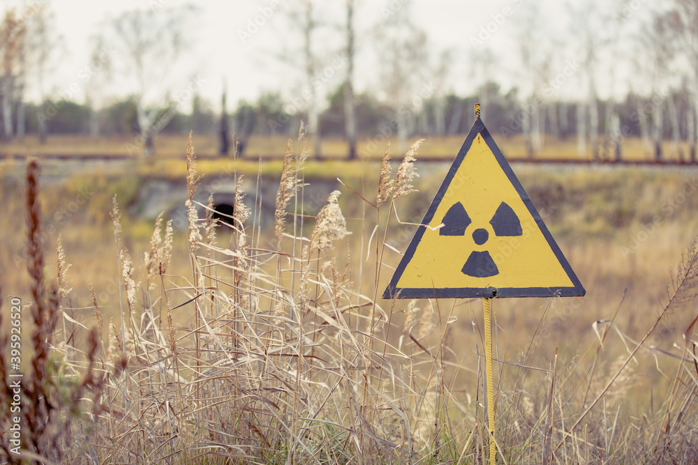 Ionizing Radiation sign next to Red Forest in Chernobyl Nuclear Power ...