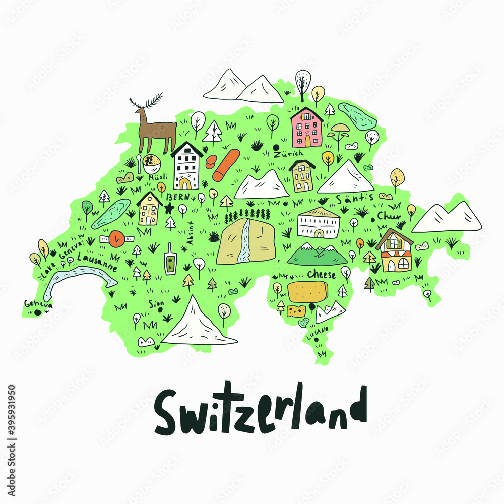 cartoon map of Switzerland in colorful modern style vector illustration ...
