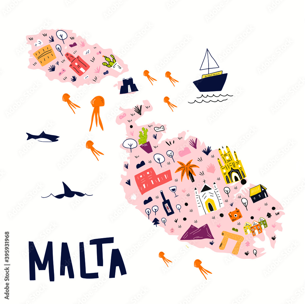 Map of Malta. Illustrated map of Malta in cartoon doodle map. Vector ...