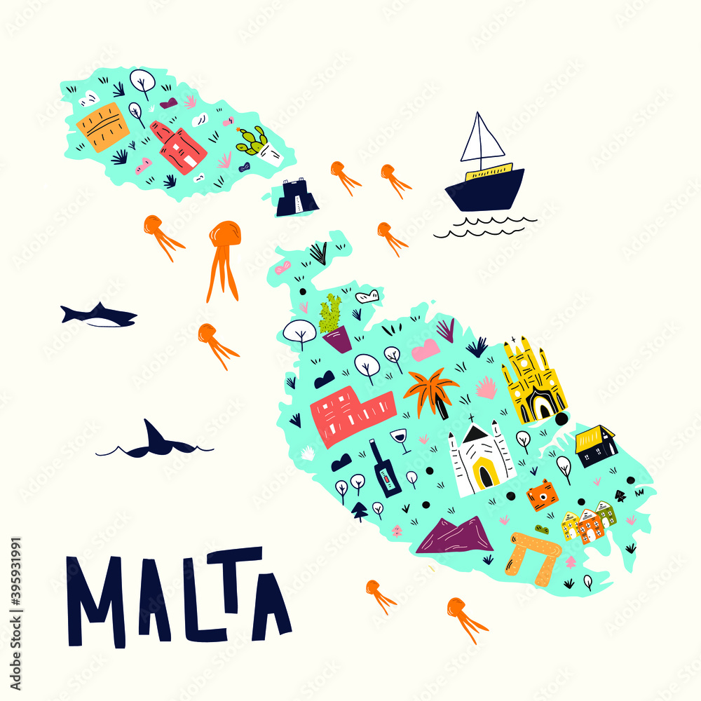 Map of Malta. Illustrated map of Malta in cartoon doodle map. Handdrawn ...
