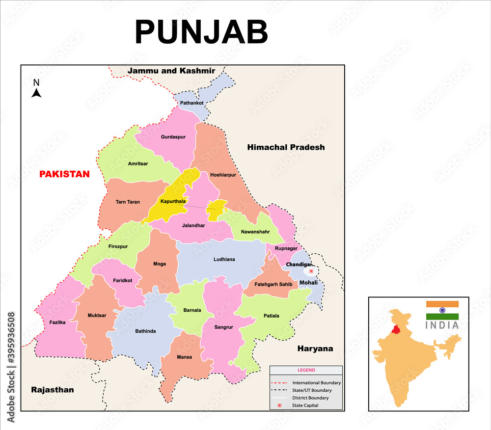 Punjab map. Political and administrative map of Punjab with districts ...
