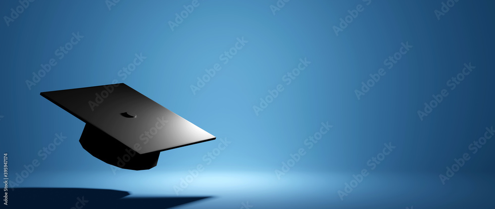 3D Rendering of Graduation Cap on blue background. Realistic 3d shapes ...