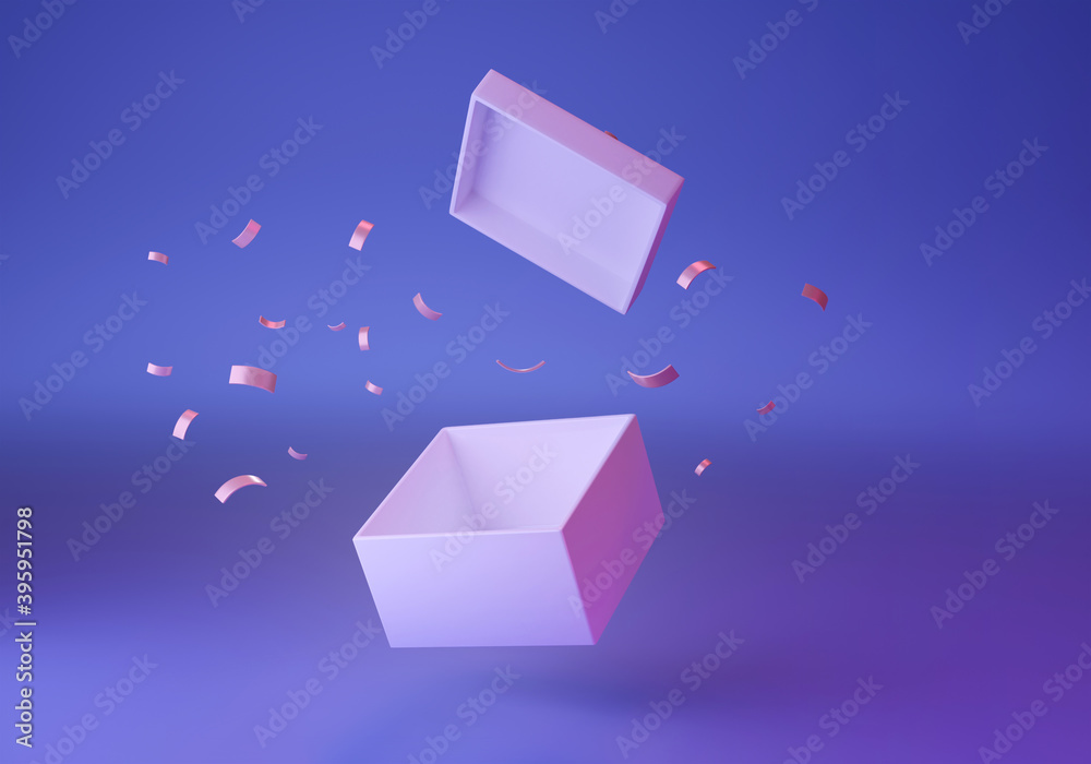 Open empty gift box with metallic confetti design with blue and purple ...