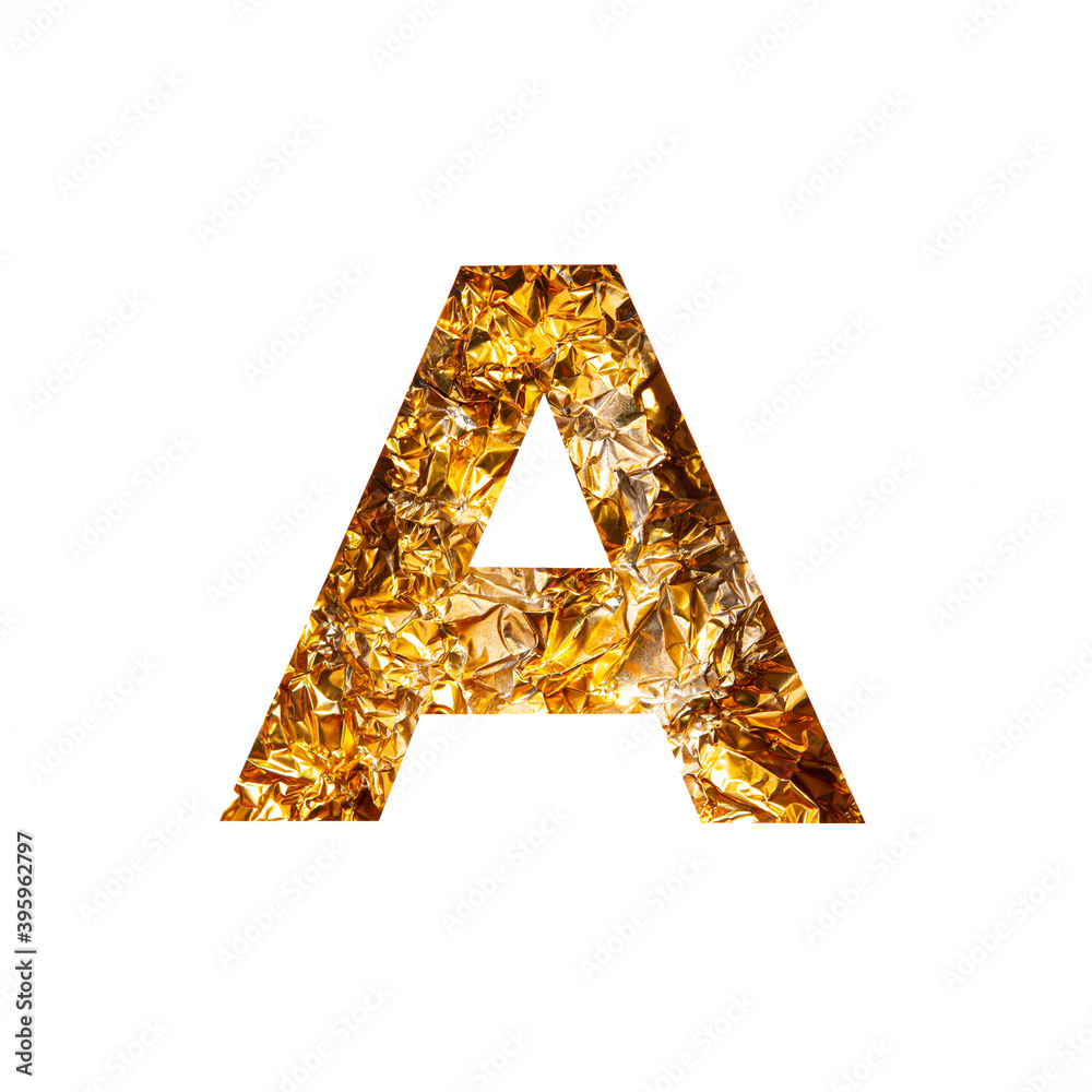 Gold letter A of English alphabet of shiny crumpled foil and paper cut ...