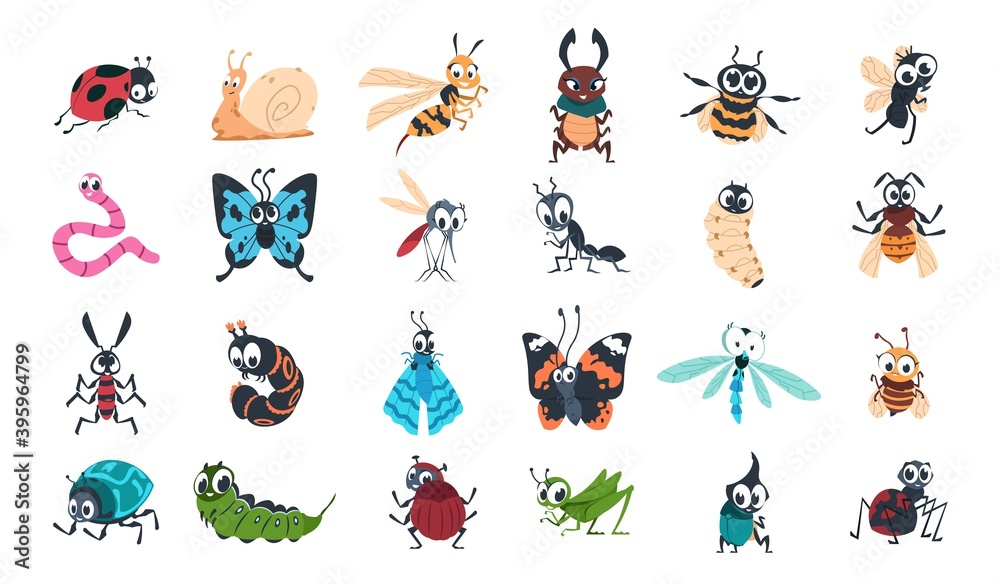 Cartoon funny insects. Colorful cute bugs characters set with smiling ...