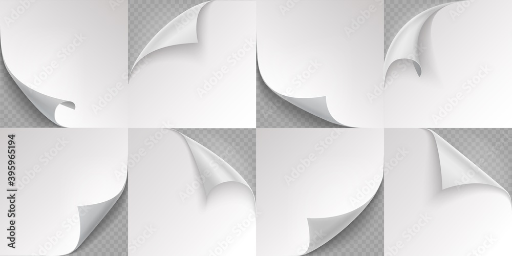Curled page corner. Realistic note papers. 3D folded edge templates on ...
