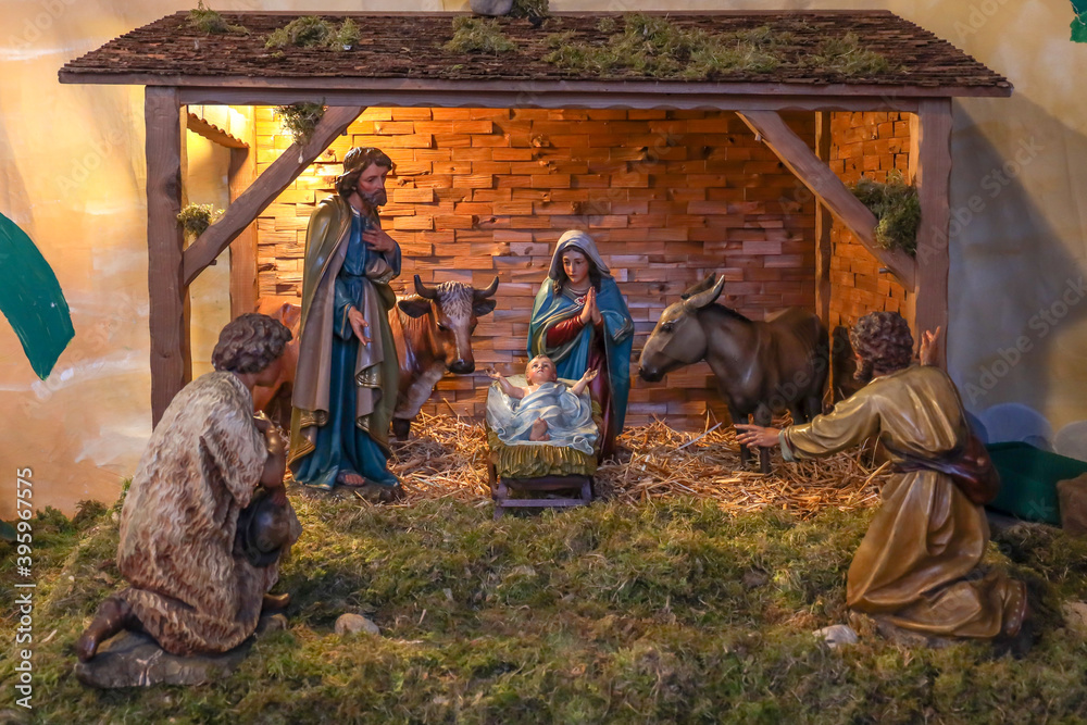 Poster Traditional nativity scene with holy family in bethlehem at ...