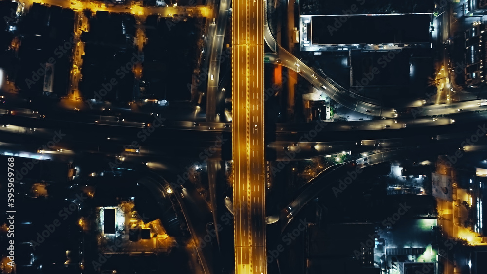 Top down night city traffic highway at lantern lights with illuminate ...