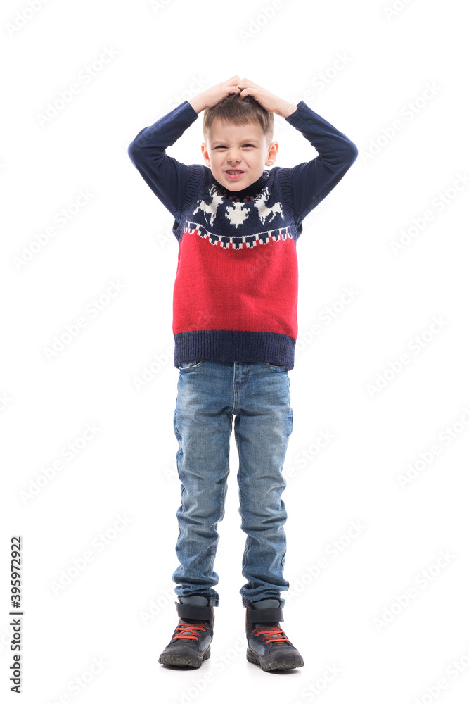Emotional frustrated little boy complaining and pulling hair in anger ...
