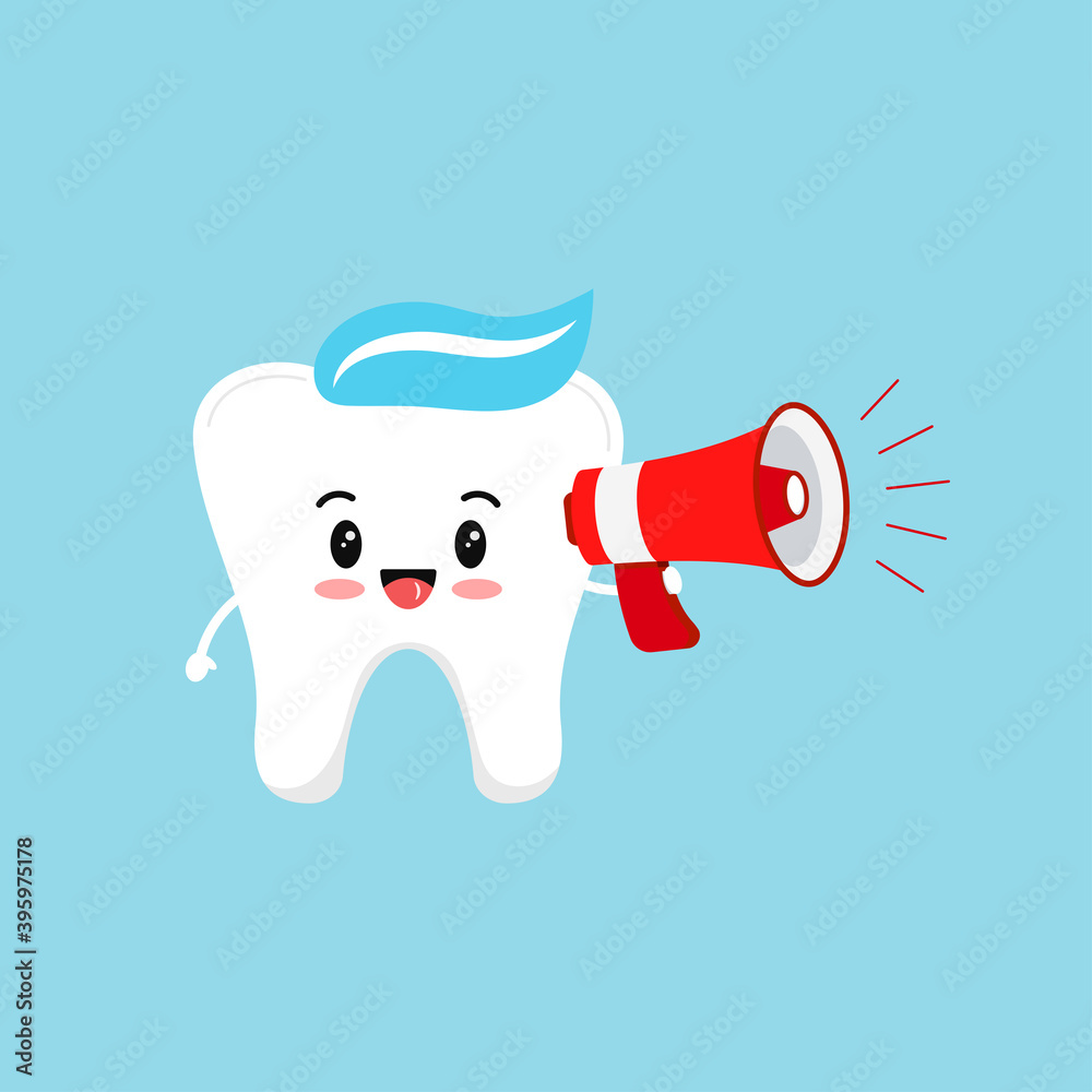 Cute strong tooth molar with megaphone. Happy white tooth and red ...