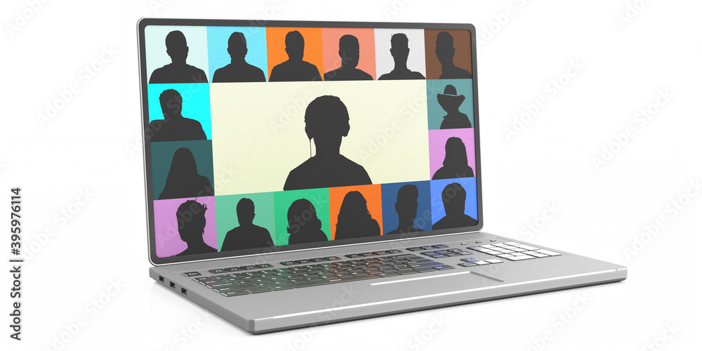 Group of people on a laptop screen isolated on white background. Video ...
