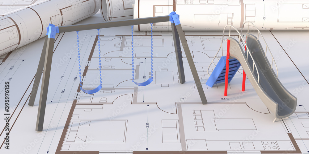 Playground slider and swing set on blueprints, computer keyboard and ...