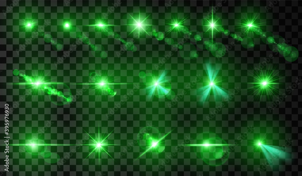 Set of lens flare. Light glow effect. Green sparkle and glare object ...