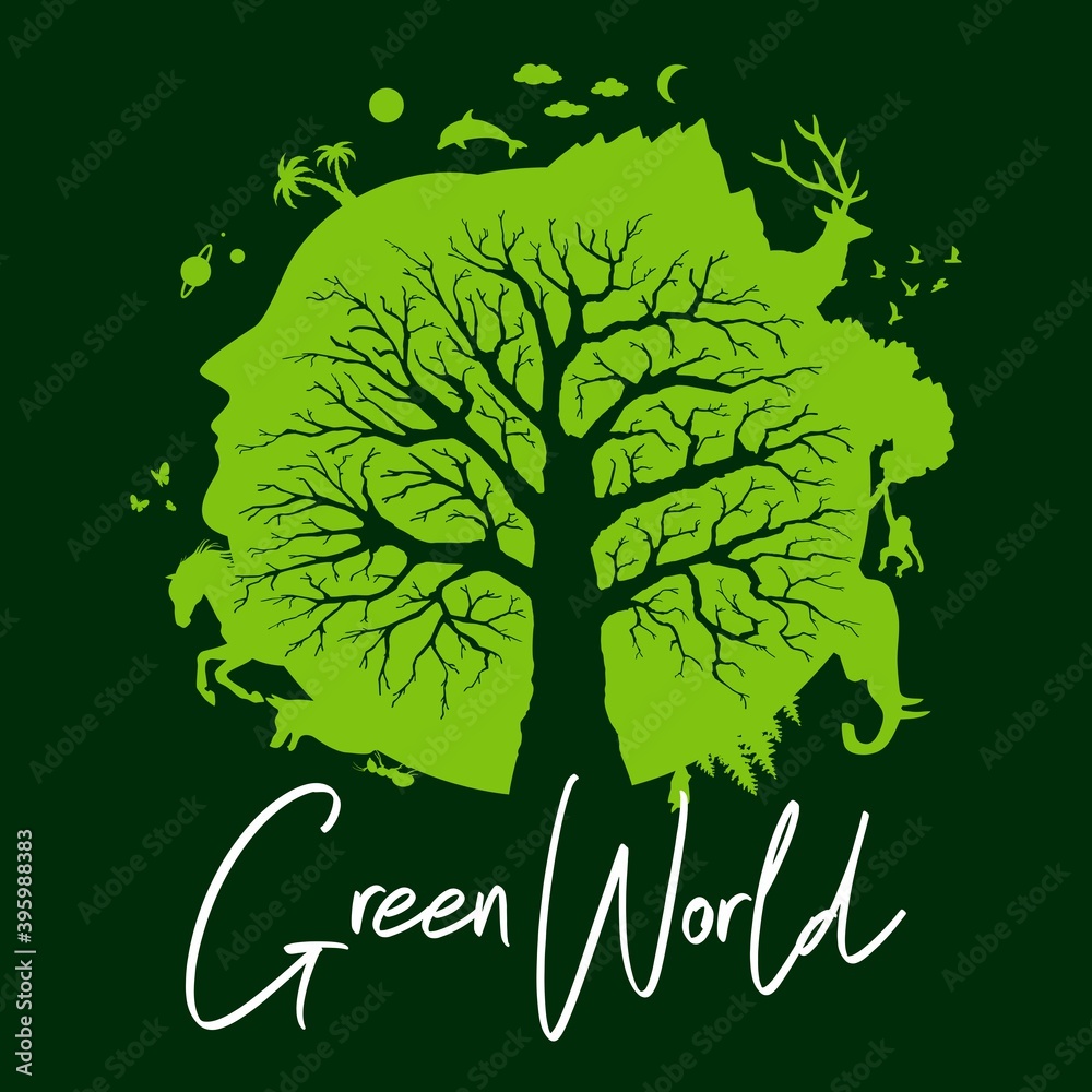 Green world vector illustration. Green planet earth tree with plants ...