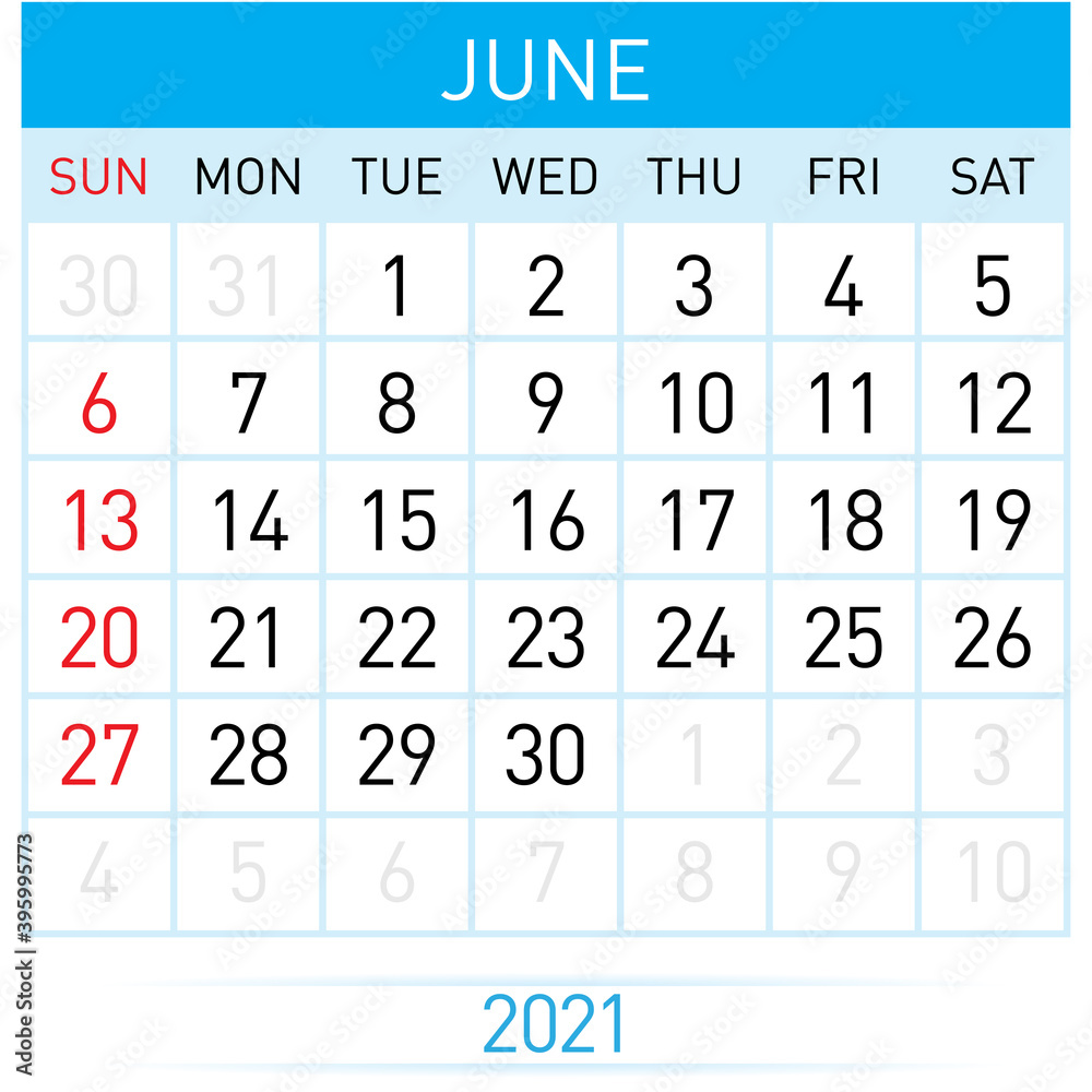 June Planner Calendar 2021. Illustration of Calendar in Simple and ...