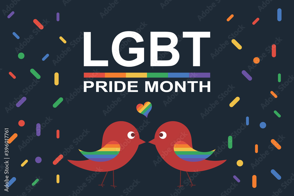 Two cute birds in love with rainbow colored wings and text LGBT pride ...