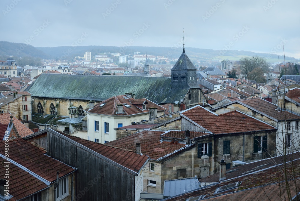 Panoramic aerial view (cityscape) of Bar-le-Duc, France. Atmospheric ...