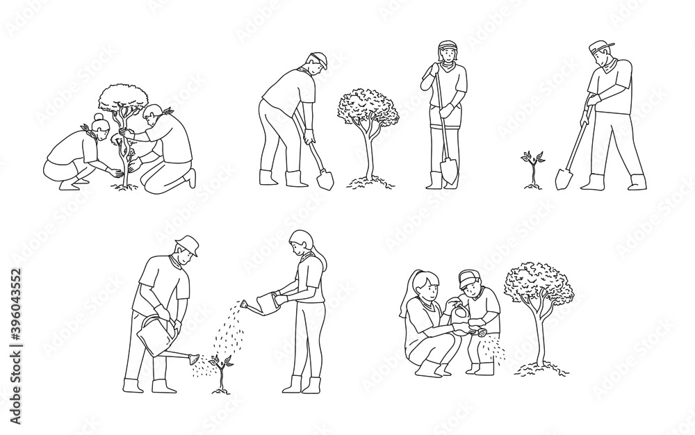 afforest, growing up tree, planting cartoon doodle black line hand ...