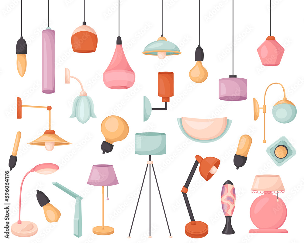 vector set of chandeliers,wall, hanging and table lamps in cartoon ...