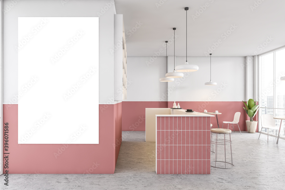 Mockup frame in pink and white cafe with furniture and bar counter ...