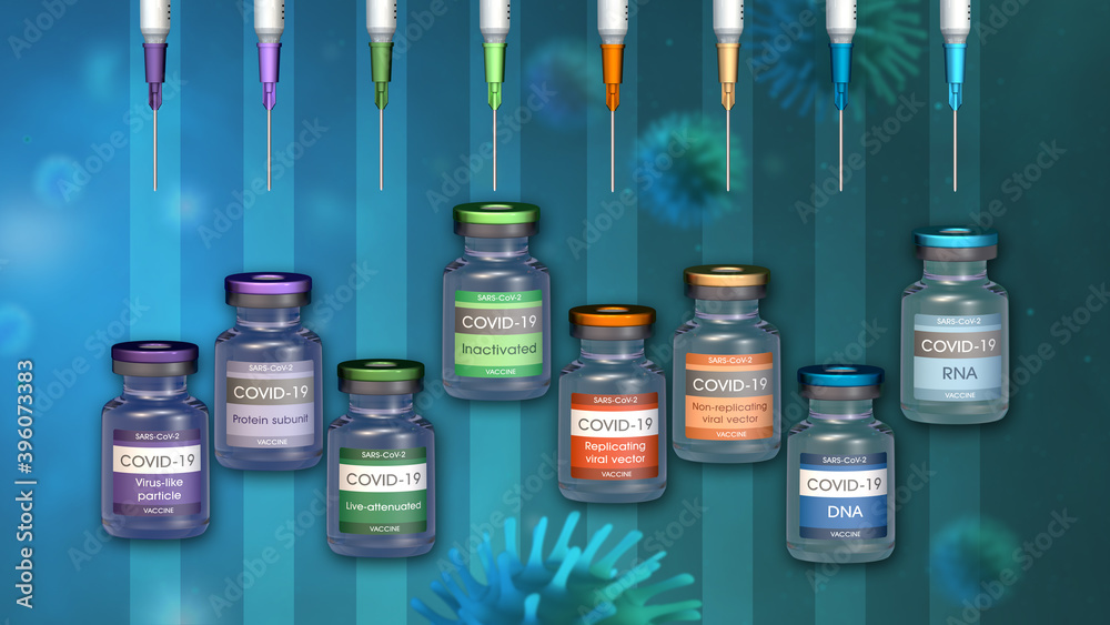 Different COVID-19 vaccine types. Inoculation ampoules in assorted ...