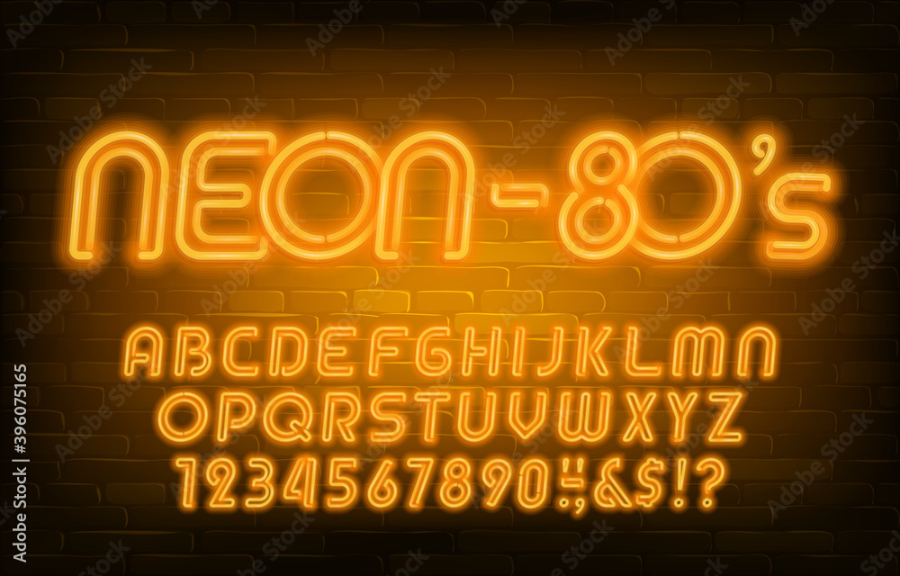 Neon alphabet font. Yellow neon light letters and numbers in 80s style ...