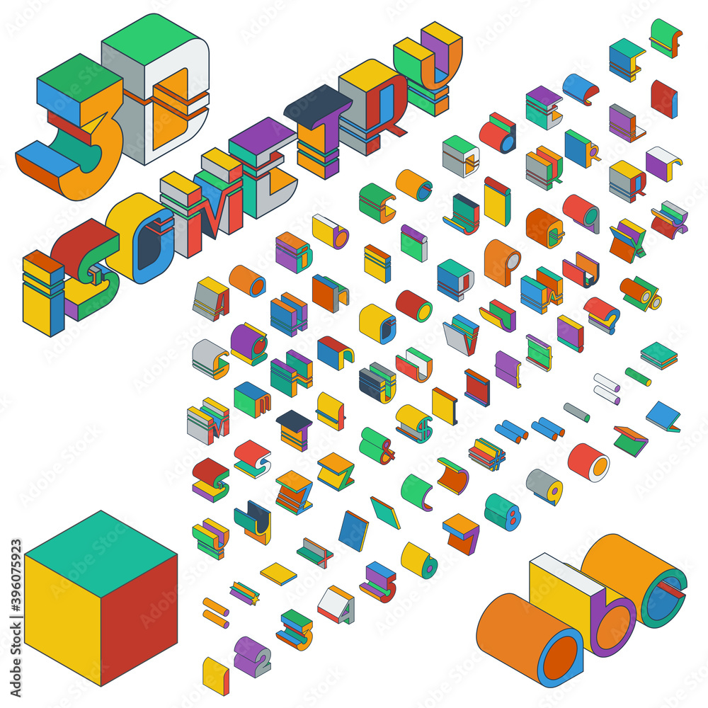 Vector isometric 3d font. Colorful collection of letters, numbers and ...