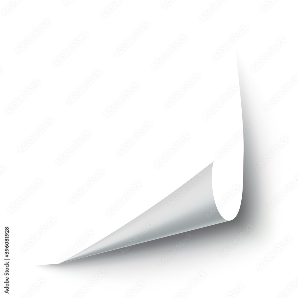 Curled paper corner. Curve page corner, page edge curl and bent paper ...