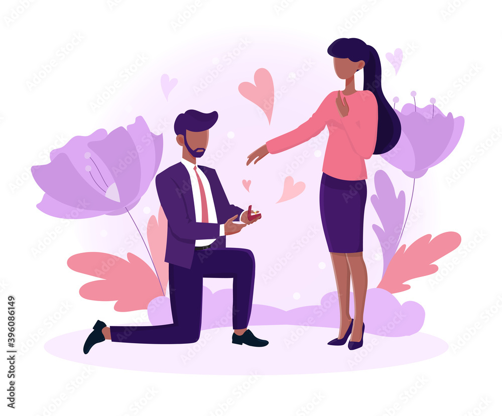 Black male character is proposing. Man asking women to marry standing ...