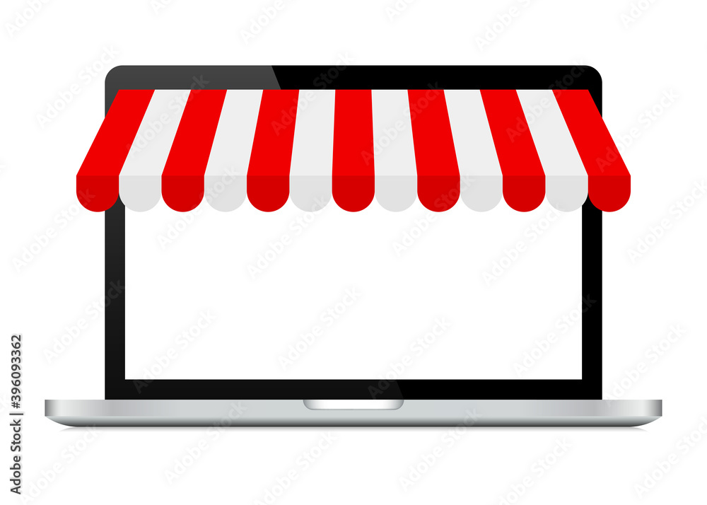 Online shopping in laptop screen. Laptop with striped red awning. E ...