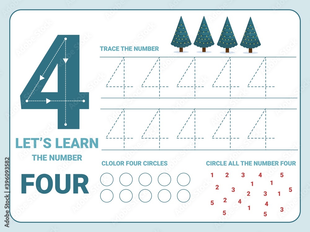 Number four tracing practice worksheet. Training write and count ...
