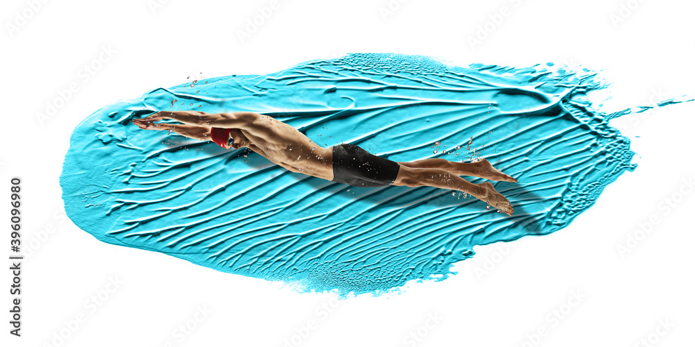 Professional caucasian swimmer moving in paint brushstroke, watercolor ...