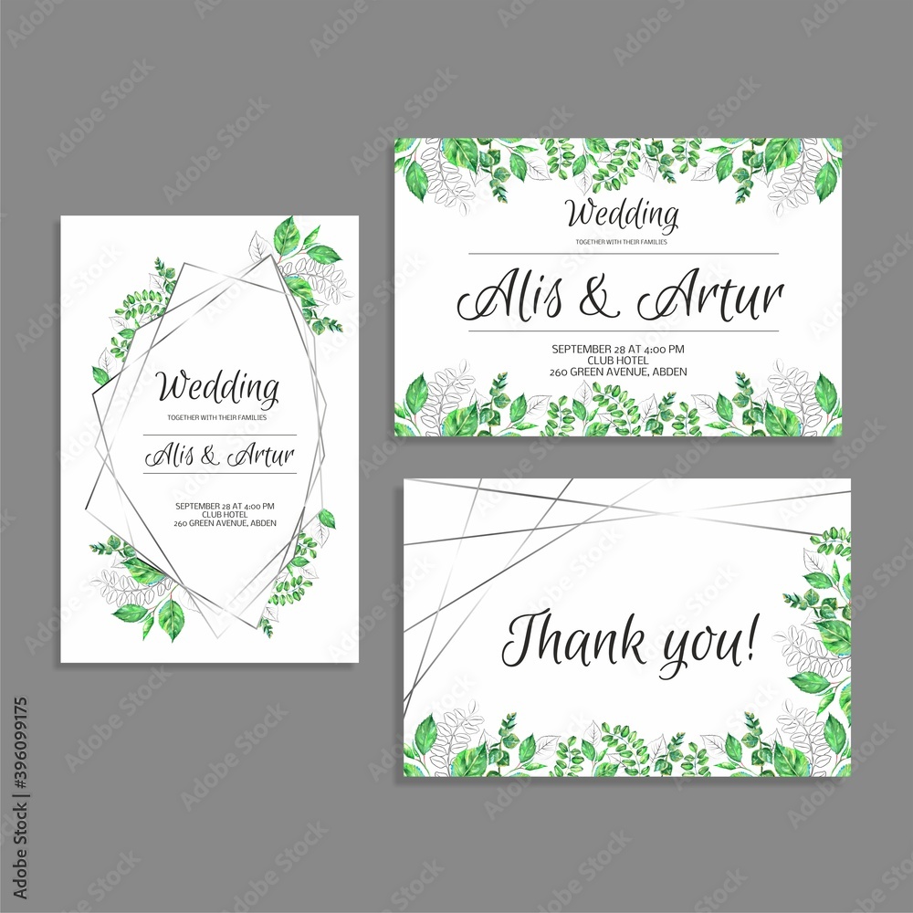 Wedding invite invitation card floral greenery design, green leaves ...