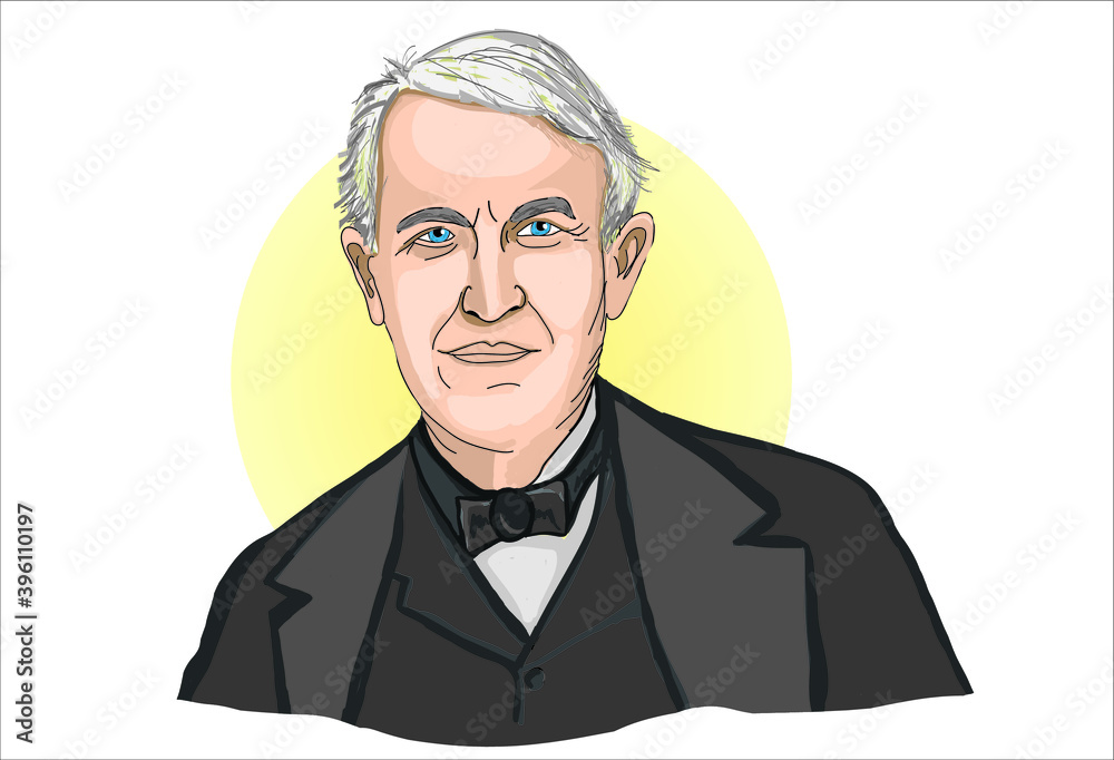 Poster Thomas Edison (1847-1931) portrait in line art illustration ...