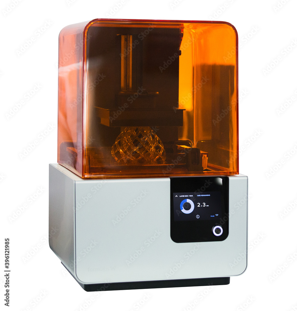 Stereolithography 3d printer isolated on white background. On the ...