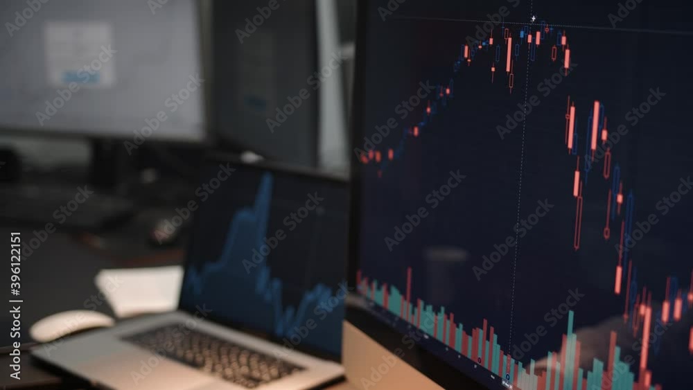 Computer screen with stock market changes, scrolling and analysing ...