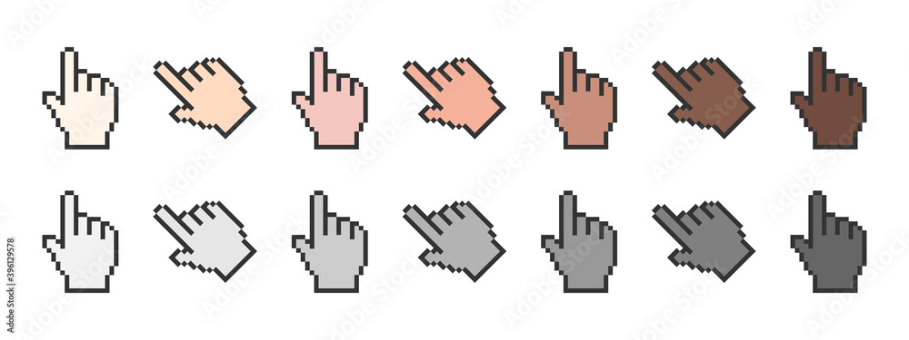 Pixel cursor icons. Pointer click icons. Different color of skin ...