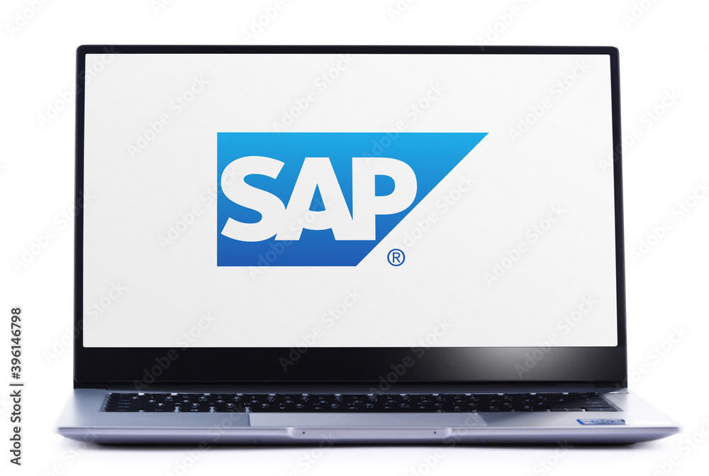 Laptop computer displaying logo of SAP Stock Photo | Adobe Stock