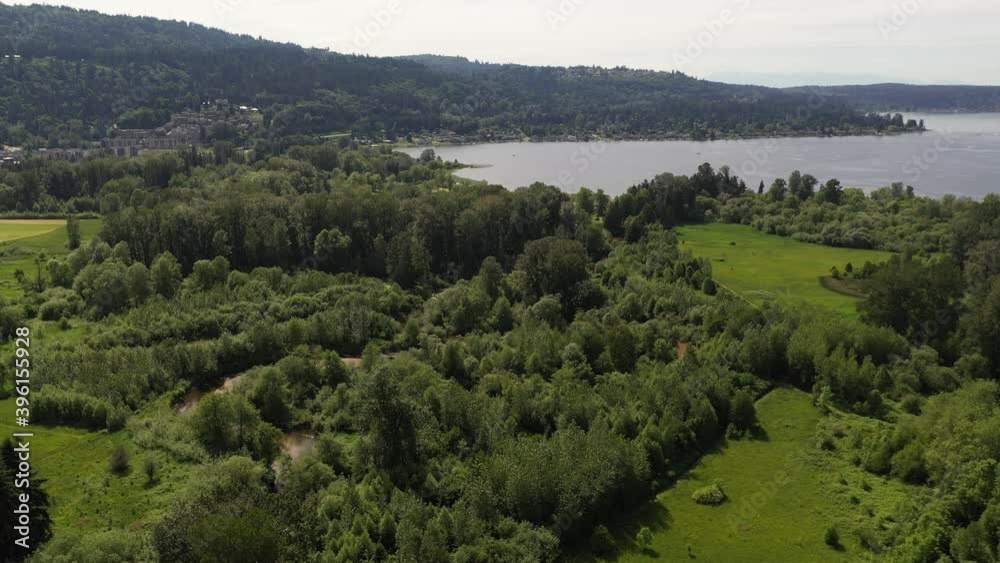 Aerial / drone tracking footage of Lake Sammamish State Park, Issaquah ...